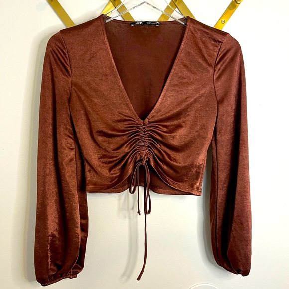 Zara | Tops | Zara Slinky Ruched Front Long Sleeve Crop Top Brown Small ...